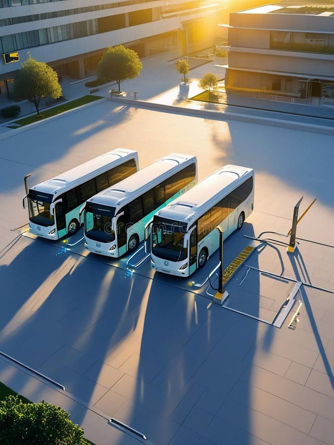 Electric Buses Move Along a Busy City Street with Zero Emissions. a ...
