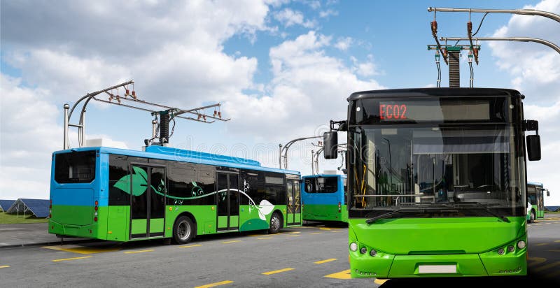 Electric Buses at a Stop are Charged by Pantograph. Solar Panels in the ...