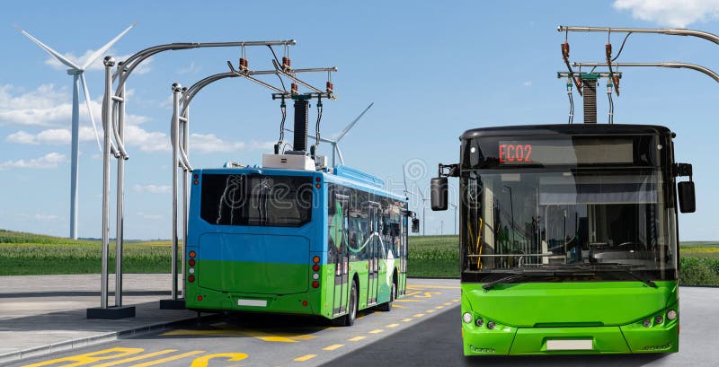 Electric Buses at a Stop are Charged by Pantograph. Solar Panels in the ...