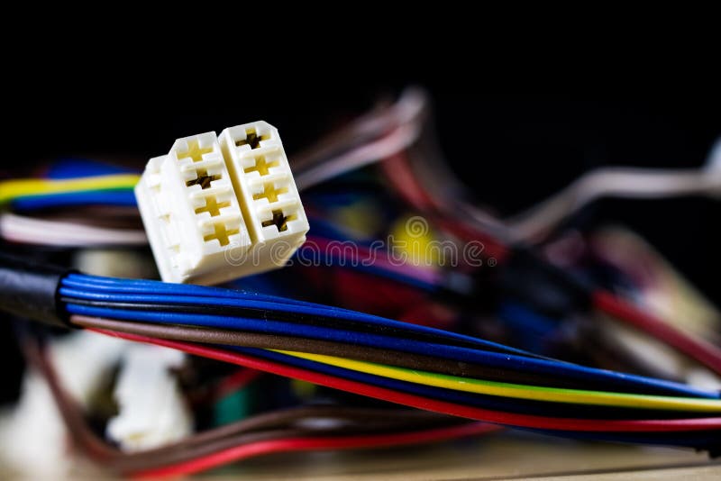 Electric Cables, Plugs and Connectors on a Wooden Workshop Table Stock ...