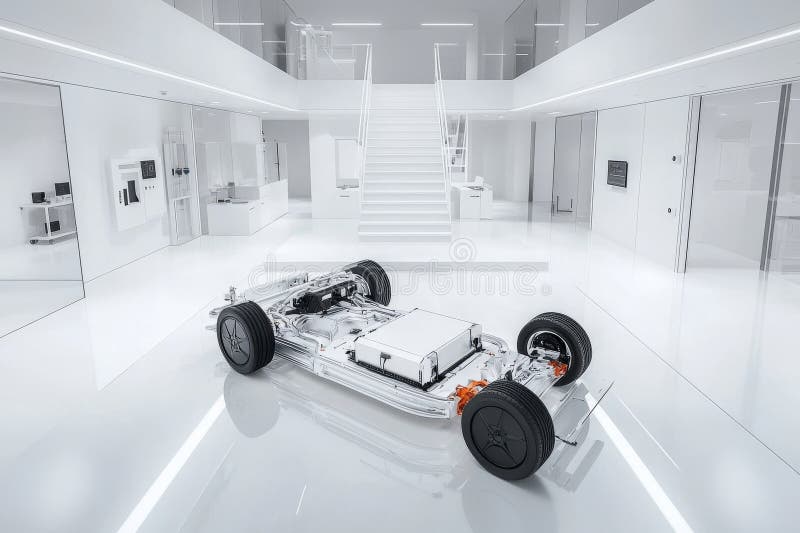 The Electric Car with the Battery Pack Module is on a Platform in the ...