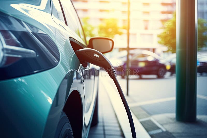 Electric Car Being Charged at Charge Station. Generative Ai Stock ...