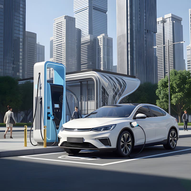 Electric Car and Charge at the Charging Station Stock Illustration ...