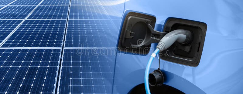 Electric Car with a Charging Cable and Solar Panels Stock Photo - Image ...