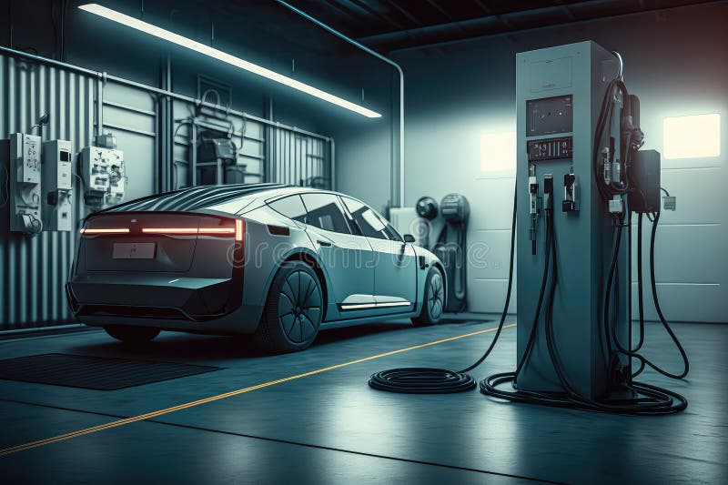 Electric Car Charging in the Factory, with Assembly Lines Visible in ...