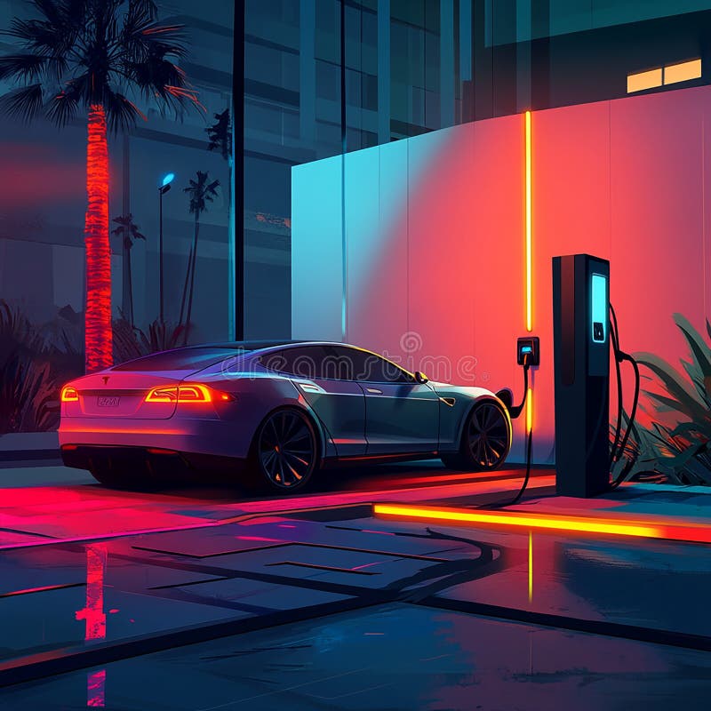 An Electric Car Charging at a Futuristic Charging Station Stock ...