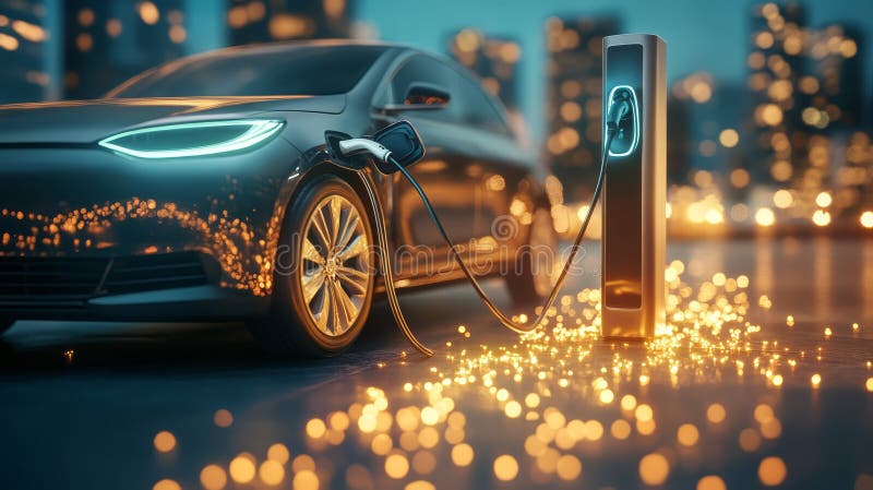 Electric Car Charging at Night in City Stock Illustration ...