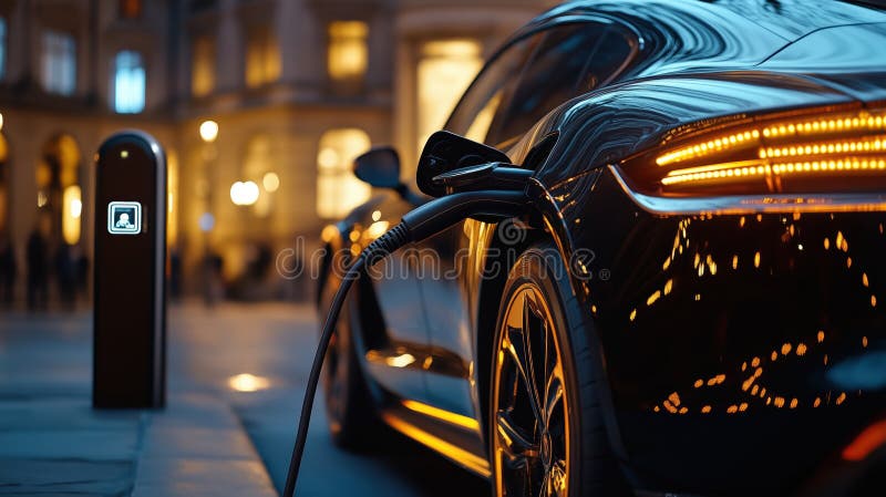 Electric Car Charging at Night in a City Stock Illustration ...
