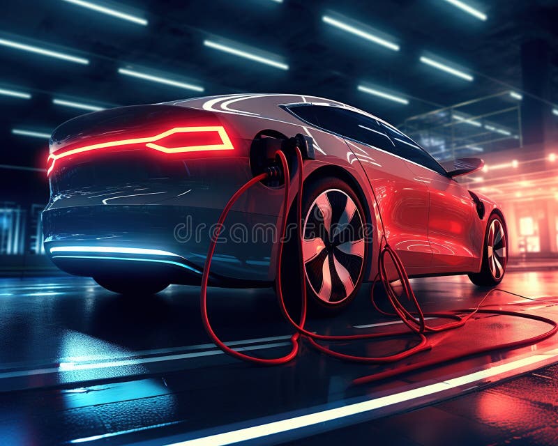 The Electric Car is Charging and the Red Car is Not. Stock Illustration ...