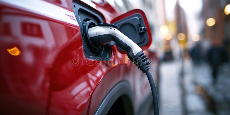 Electric Car Charging Station with Cable Plugged into Red Car Stock ...