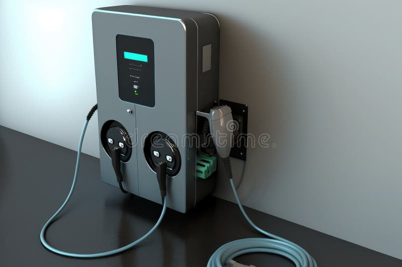 Electric Car Charging Station with Charging Cables and Plug Visible ...