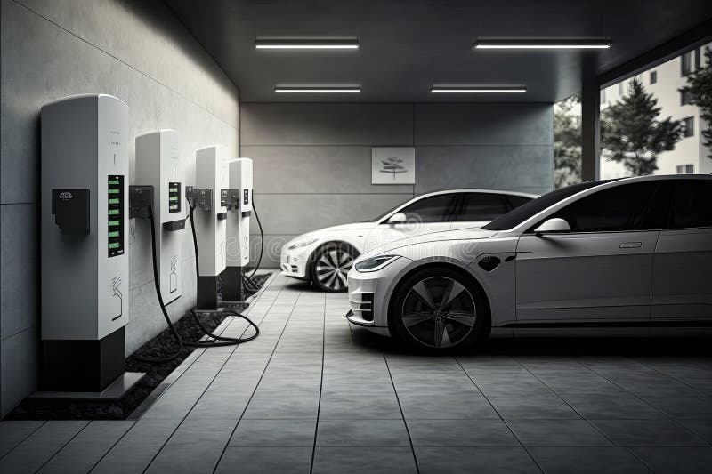 Electric Car Charging Station in Modern Office Building, with Sleek ...