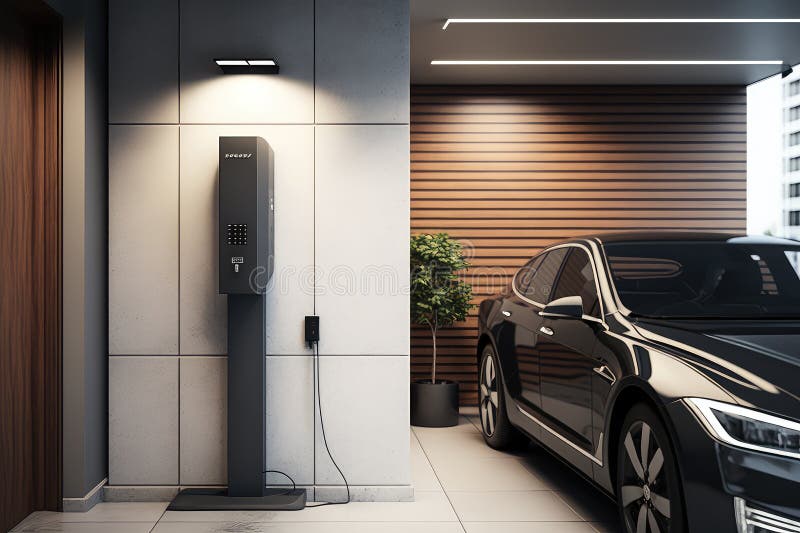 Electric Car Charging Station in Modern Office Building, with Sleek and ...