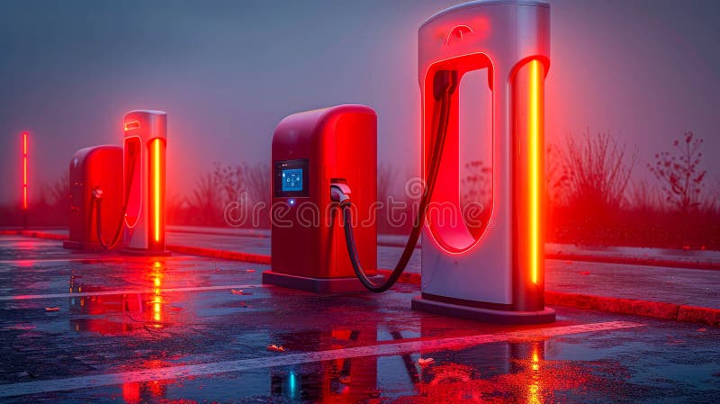 Electric Car Charging Station with Red Neon Stock Illustration ...