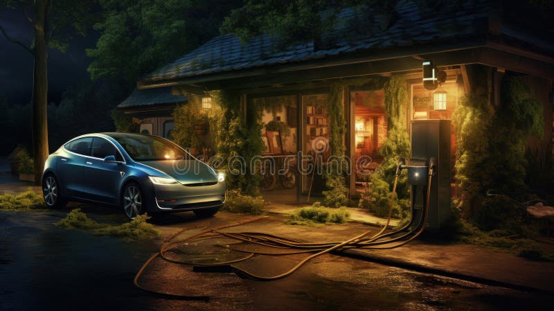 Electric Car Charging Station Night Lamps Stock Illustration ...