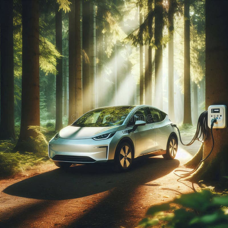 Electric Car Charging in Sunlit Forest. Rays of Light Filter through ...