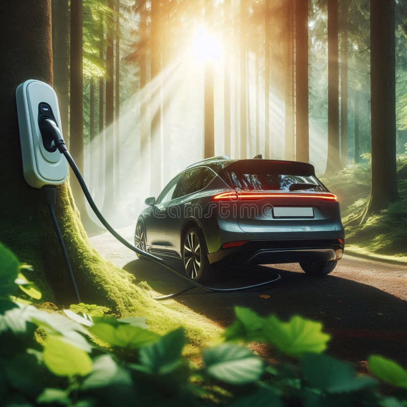 Electric Car Charging in Sunlit Forest. Rays of Light Filter through ...