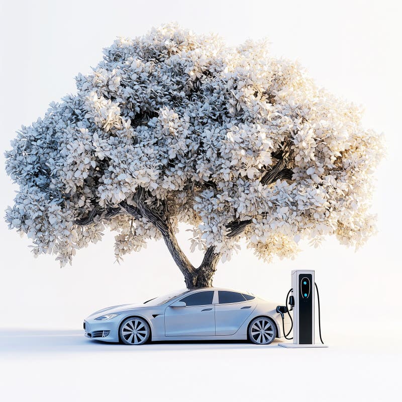Electric Car Charging Under Large Tree, Symbolizing Natural Energy. Ai ...