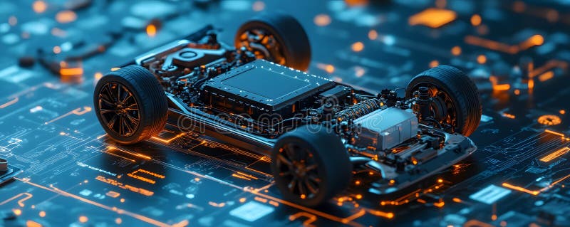 Electric Car Chassis with Battery and Engine on Circuit Board ...