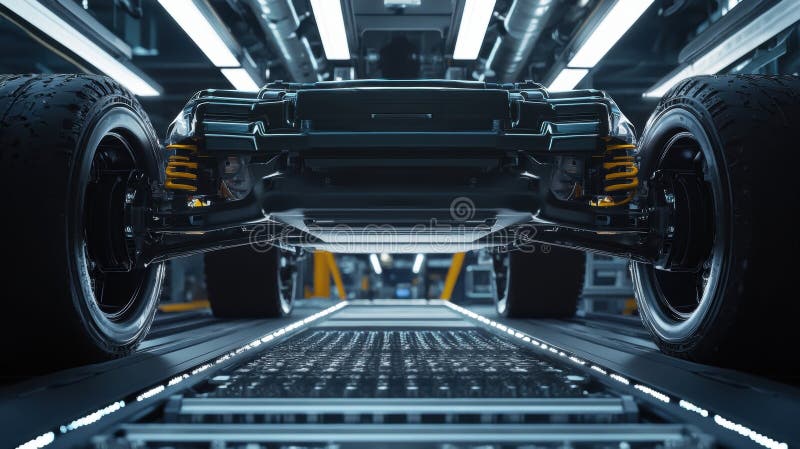 Electric Car Chassis Underside with Wheels and Suspension in Modern ...