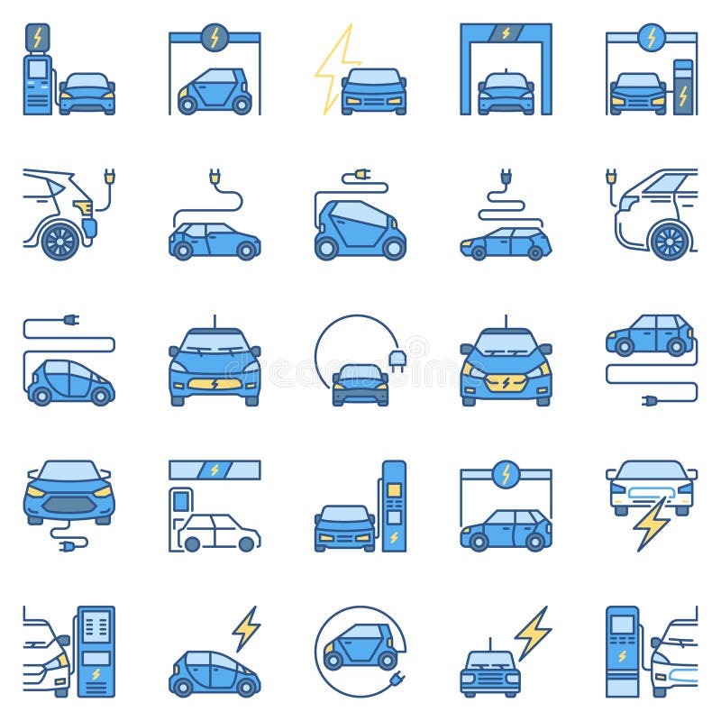 Electric Car Colored Icons Set - EV Concept Vector Signs Stock Vector ...