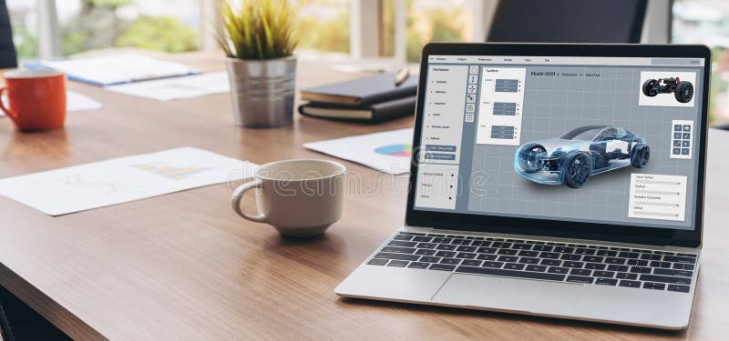 Electric Car Design Software on Computer Screen Show Simulation ...