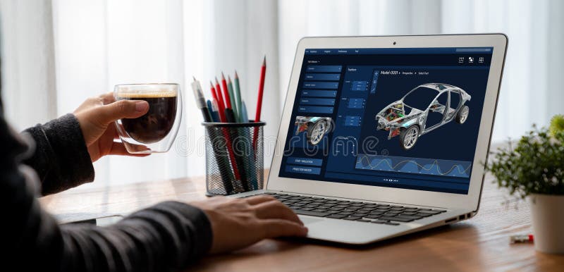 Electric Car Design Software on Computer Screen Show Simulation ...