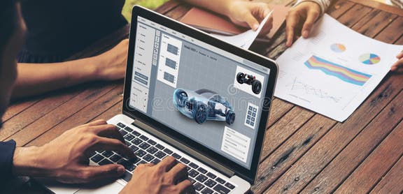 Electric Car Design Software on Computer Screen Show Simulation ...
