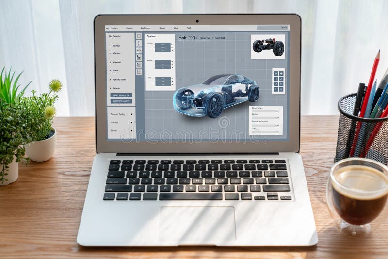 Electric Car Design Software on Computer Screen Show Simulation ...