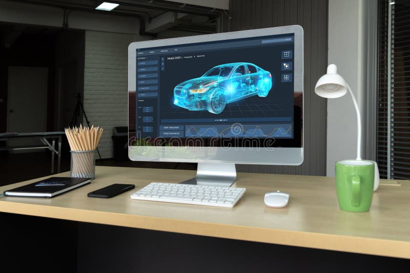 Electric Car Design Software on Computer Screen Show Simulation ...