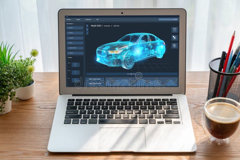 Electric Car Design Software on Computer Screen Show Simulation ...