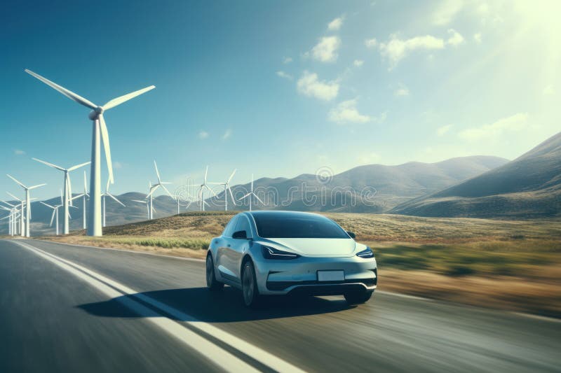 Electric Car Drive on the Wind Turbines Background Stock Illustration ...