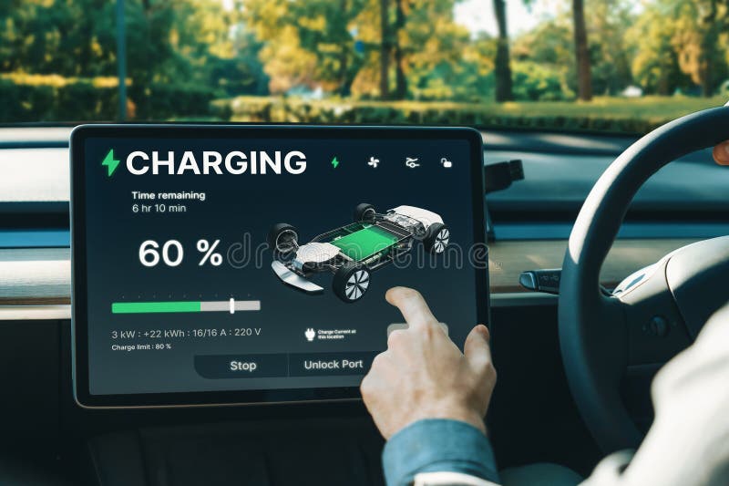 Electric Car Driver Checks Battery Charging Status App Screen in Car ...