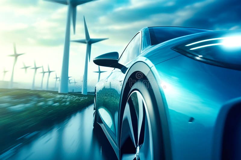 Electric Car Driving with Windmills in the Background Stock ...