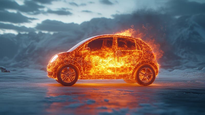 Electric Car Engulfed in Digital Flames, Symbolizing EV Fire Risk and ...