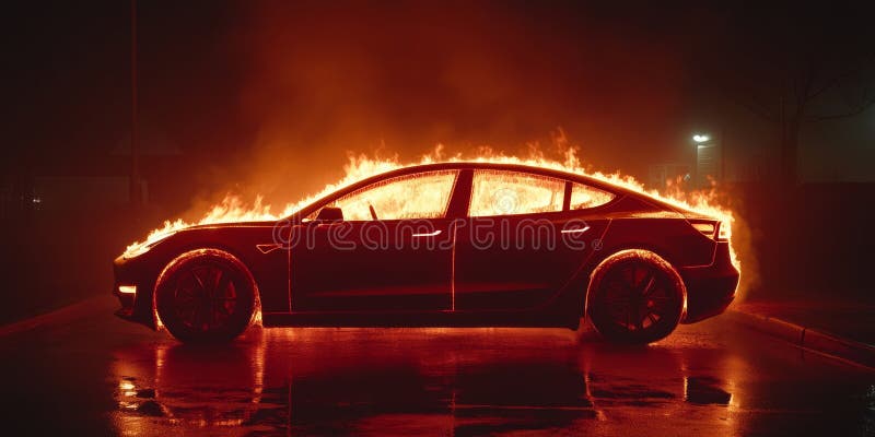 Electric Car in Flames. Dramatic Night Scene with Burning Automobile ...