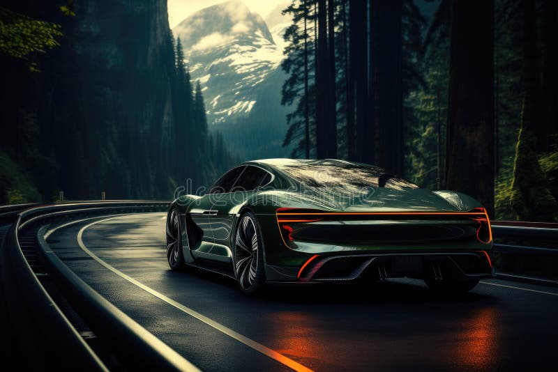 Electric Car of the Future Rides on a Mountain Road Stock Illustration ...