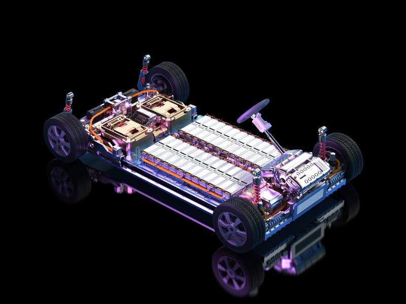 Electric Car with Pack of Battery Cells Module on Platform Stock ...
