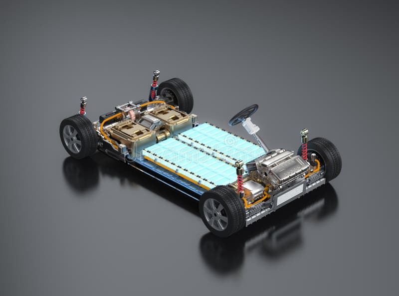 Electric Car with Pack of Battery Cells Module on Platform Stock ...
