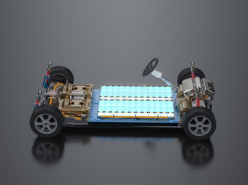 Electric Car with Pack of Battery Cells Module on Platform Stock ...