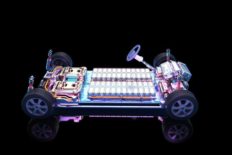 Electric Car with Pack of Battery Cells Module on Platform Stock ...