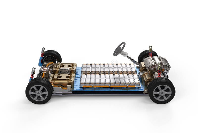 Electric Car with Pack of Battery Cells Module on Platform Stock ...