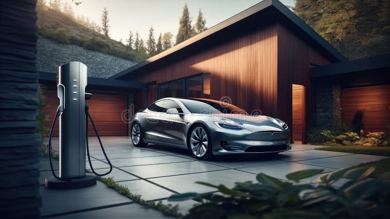 Electric Car Parked in Front of Home Modern, Electric Car Charging at ...