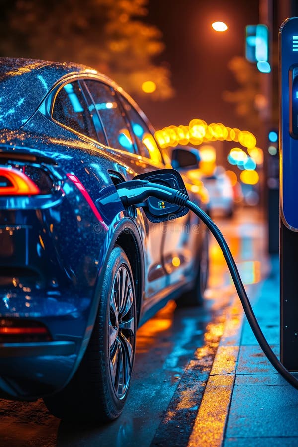 An Electric Car Plugged into a Charging Station at Night Stock Photo ...