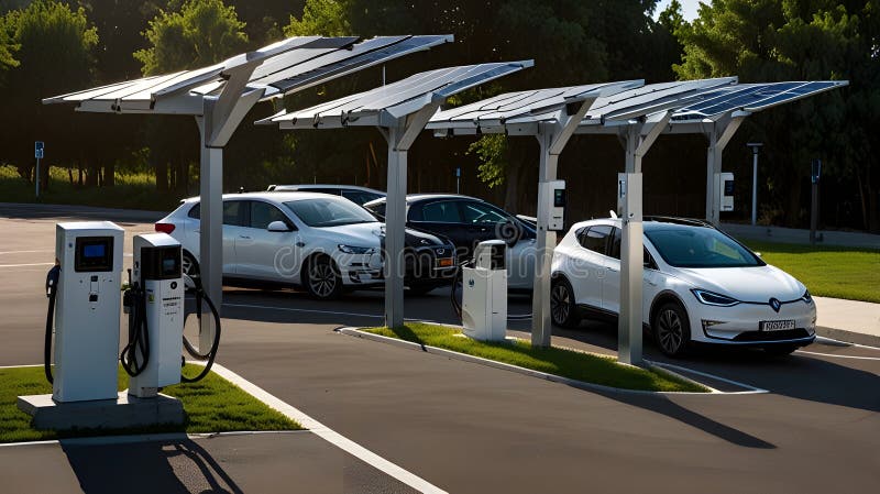 Electric Car Stations Powered by Solar Canopies Stock Illustration ...