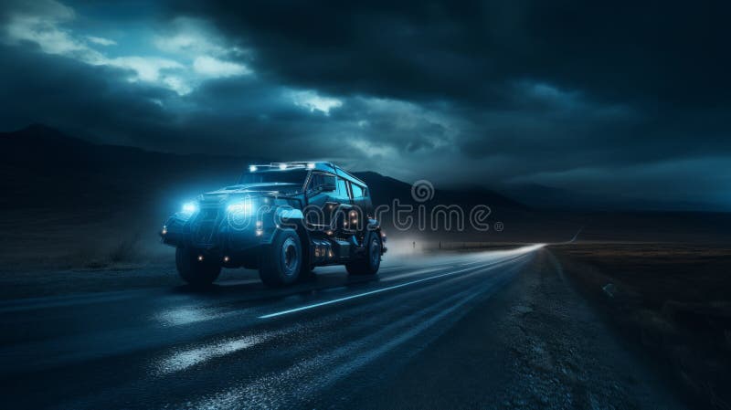 Electric Car SUV Night Road. Neural Network AI Generated Stock Image ...