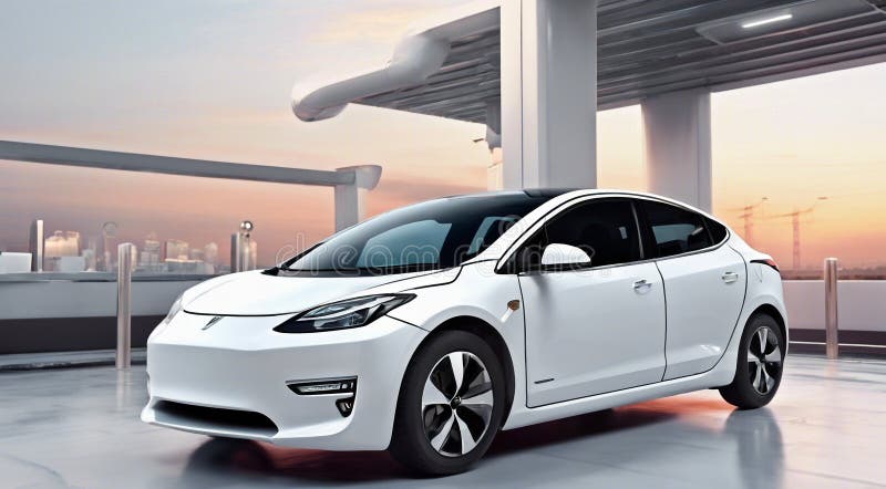 Electric Car on White Background, Electric Vehicle Charging in the ...