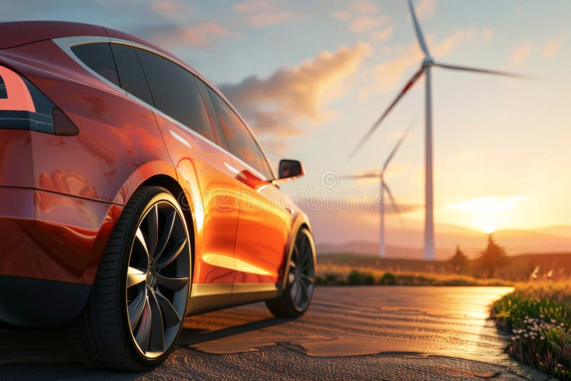 Electric Car with Wind Turbines and Blue Sky with Clouds in Background ...