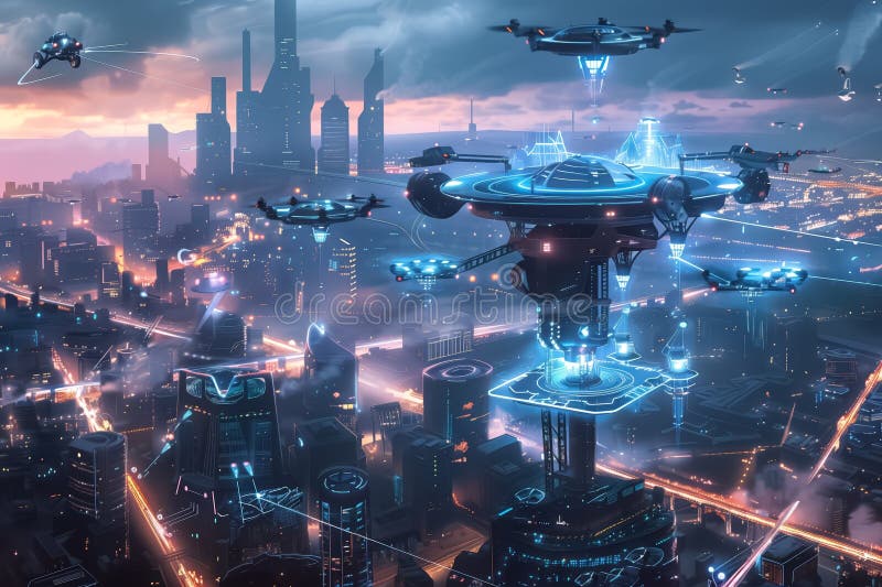 Electric Cars, Drones, Advanced Cityscape with Bright Technology Stock ...