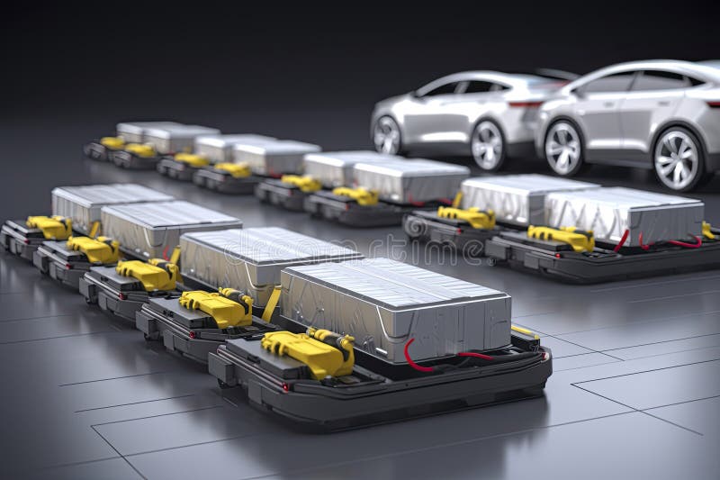 Electric Cars with Pack of Battery Cells Module on Platform in a Row ...